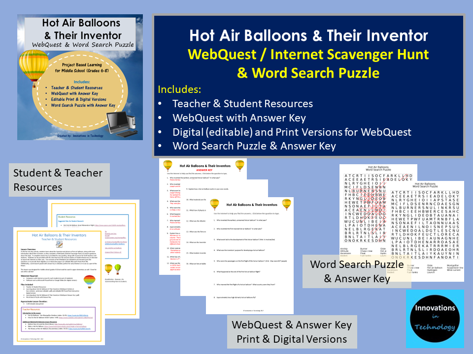 Hot Air Balloons & Their Inventors - WebQuest & Word Search Puzzle ...