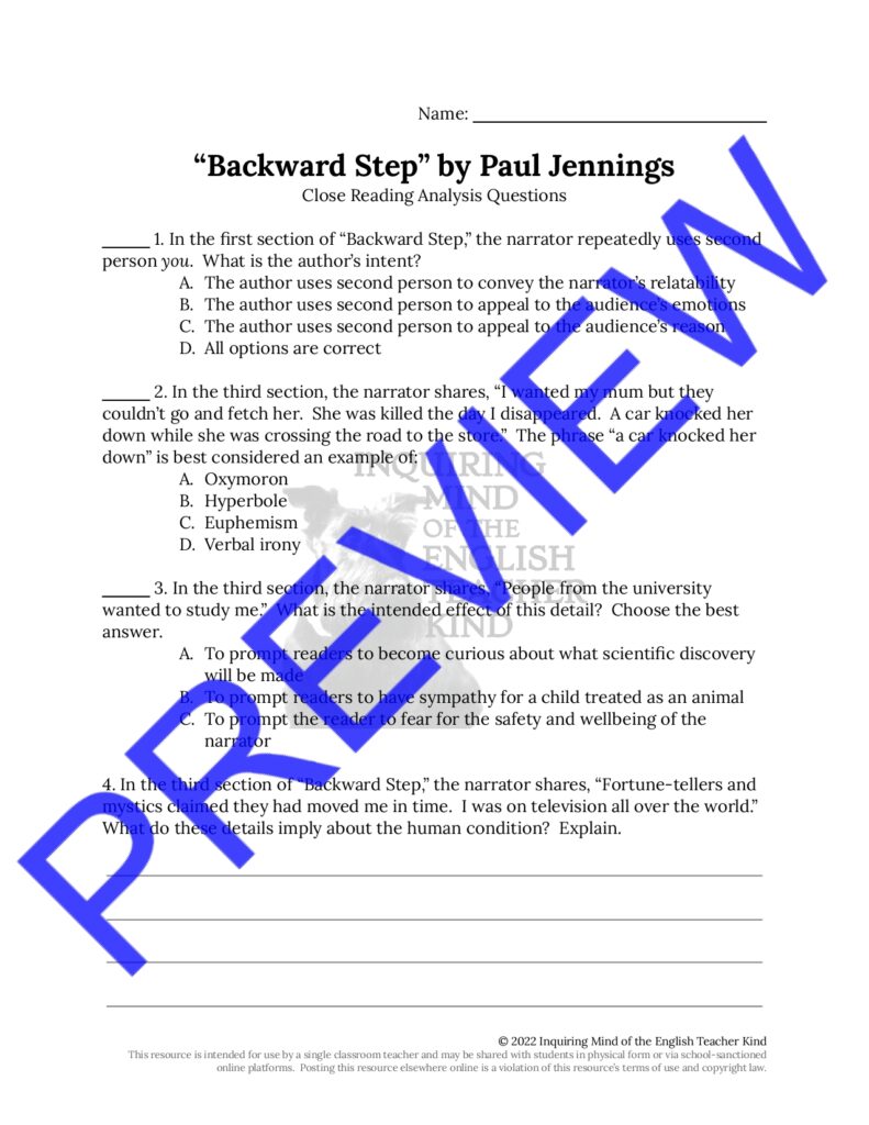 "Backward Step" by Paul Jennings Close Reading Questions - Made By Teachers
