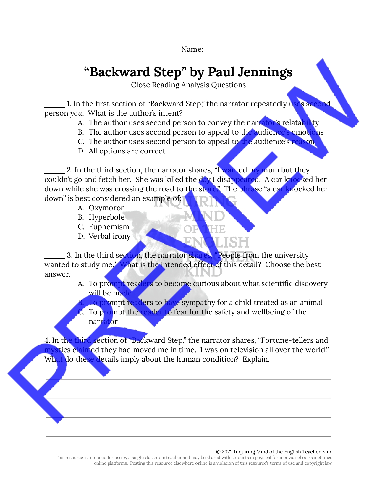 "Backward Step" by Paul Jennings Close Reading Questions - Made By Teachers