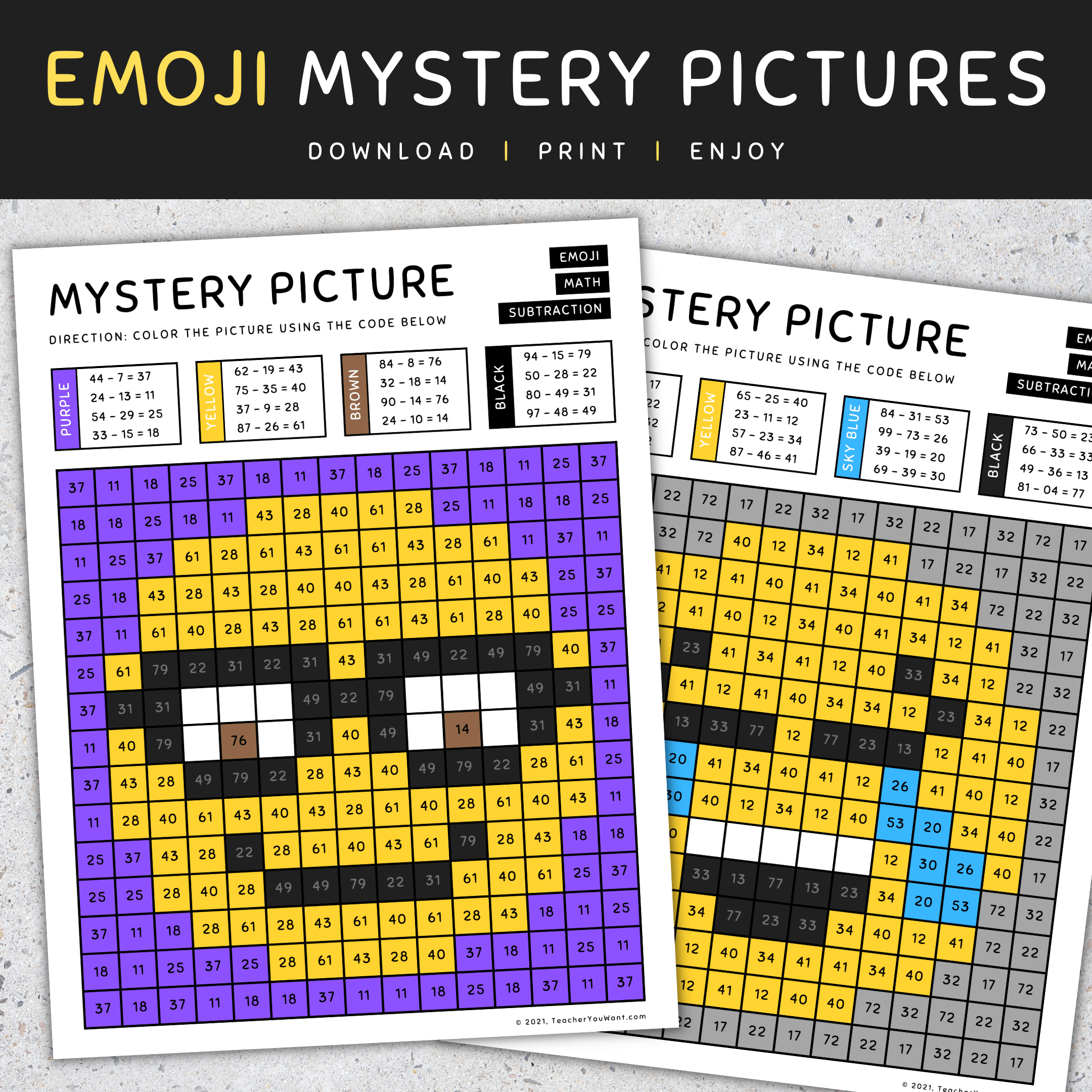 Emoji Mystery Picture: Subtraction, Color By Number, Back to School ...