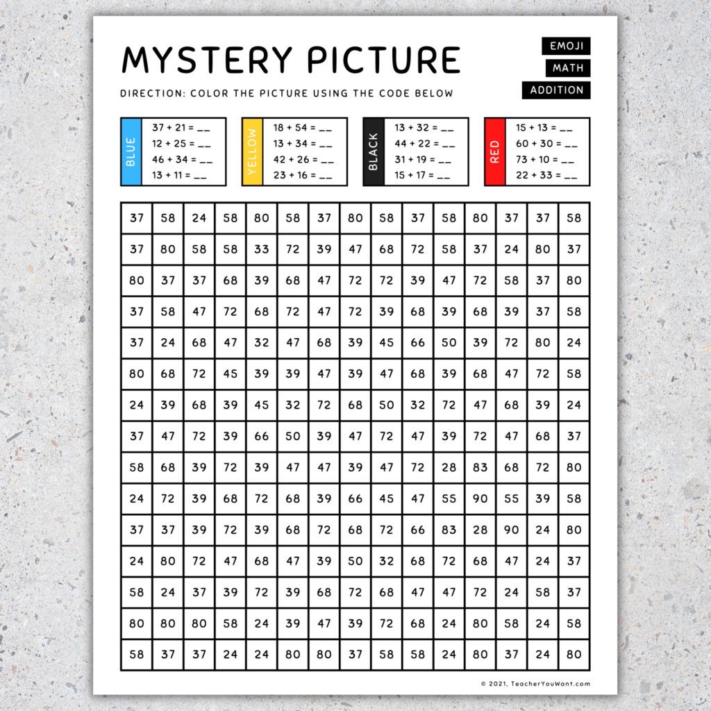 Emoji Mystery Picture: Color By Number, Back to School, Math Addition ...