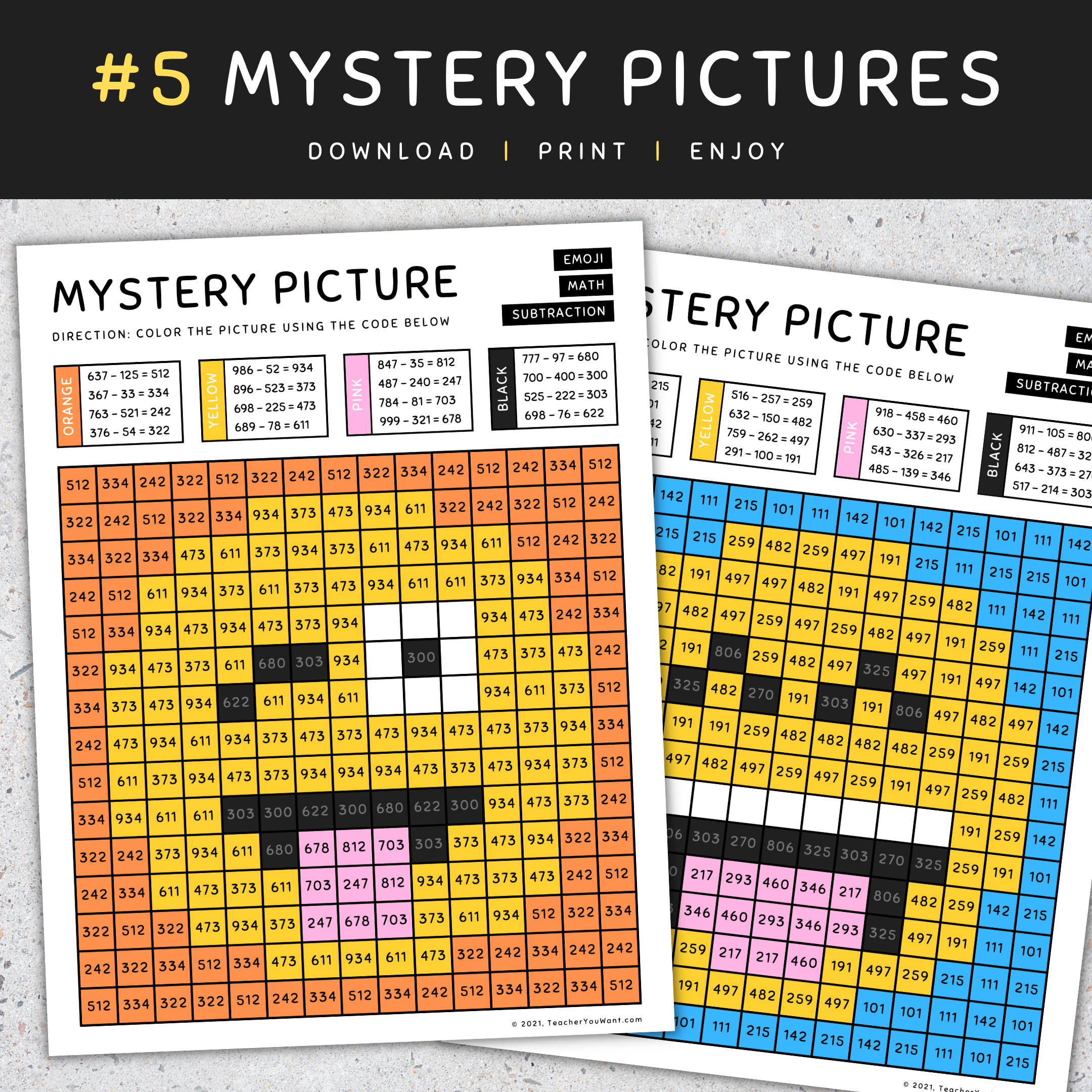 Emoji Mystery Picture: Subtraction, Color By Number, Back to School ...