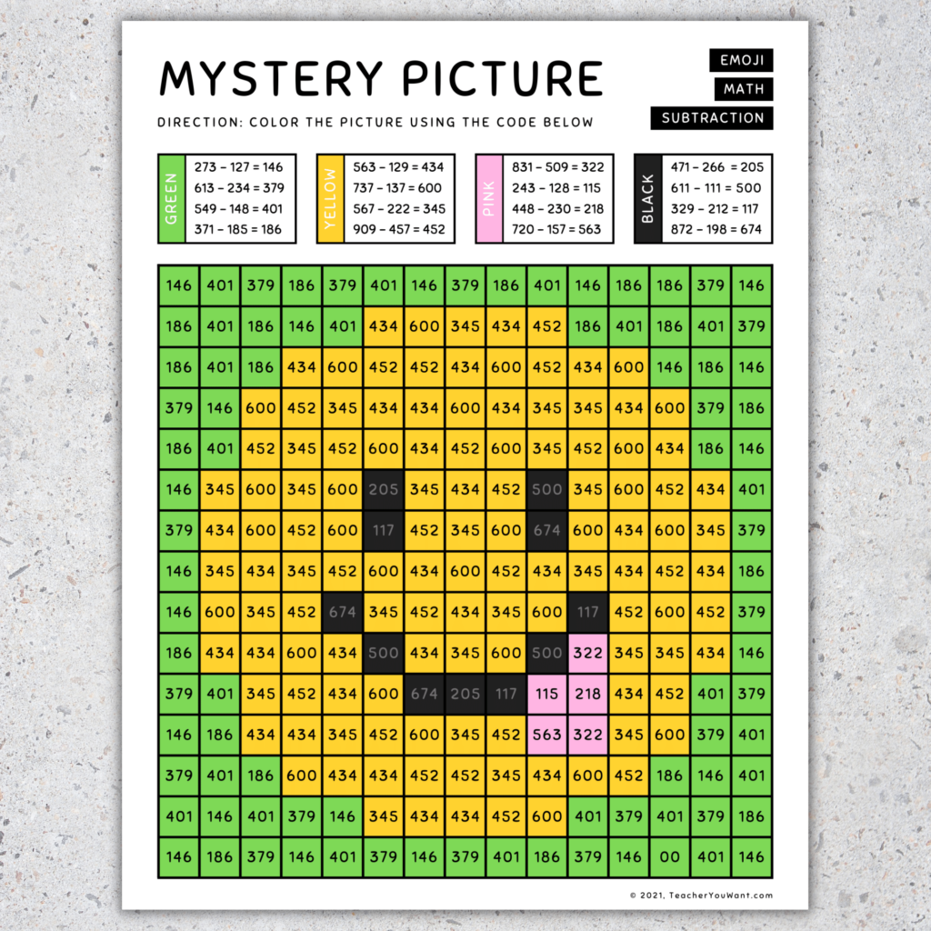 Emoji Mystery Picture: Subtraction, Color By Number, Back to School ...