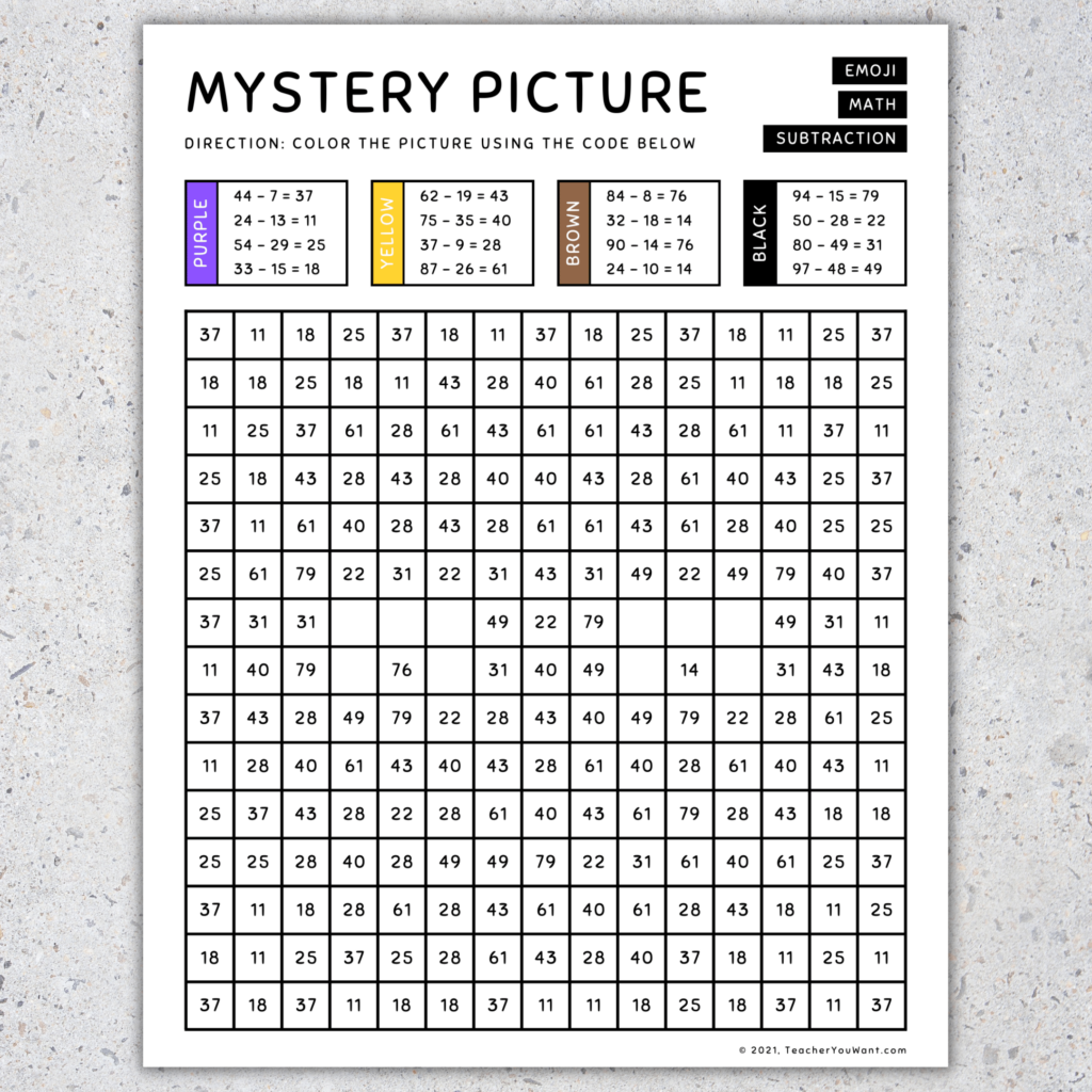 Emoji Mystery Picture: Subtraction, Color By Number, Back to School ...