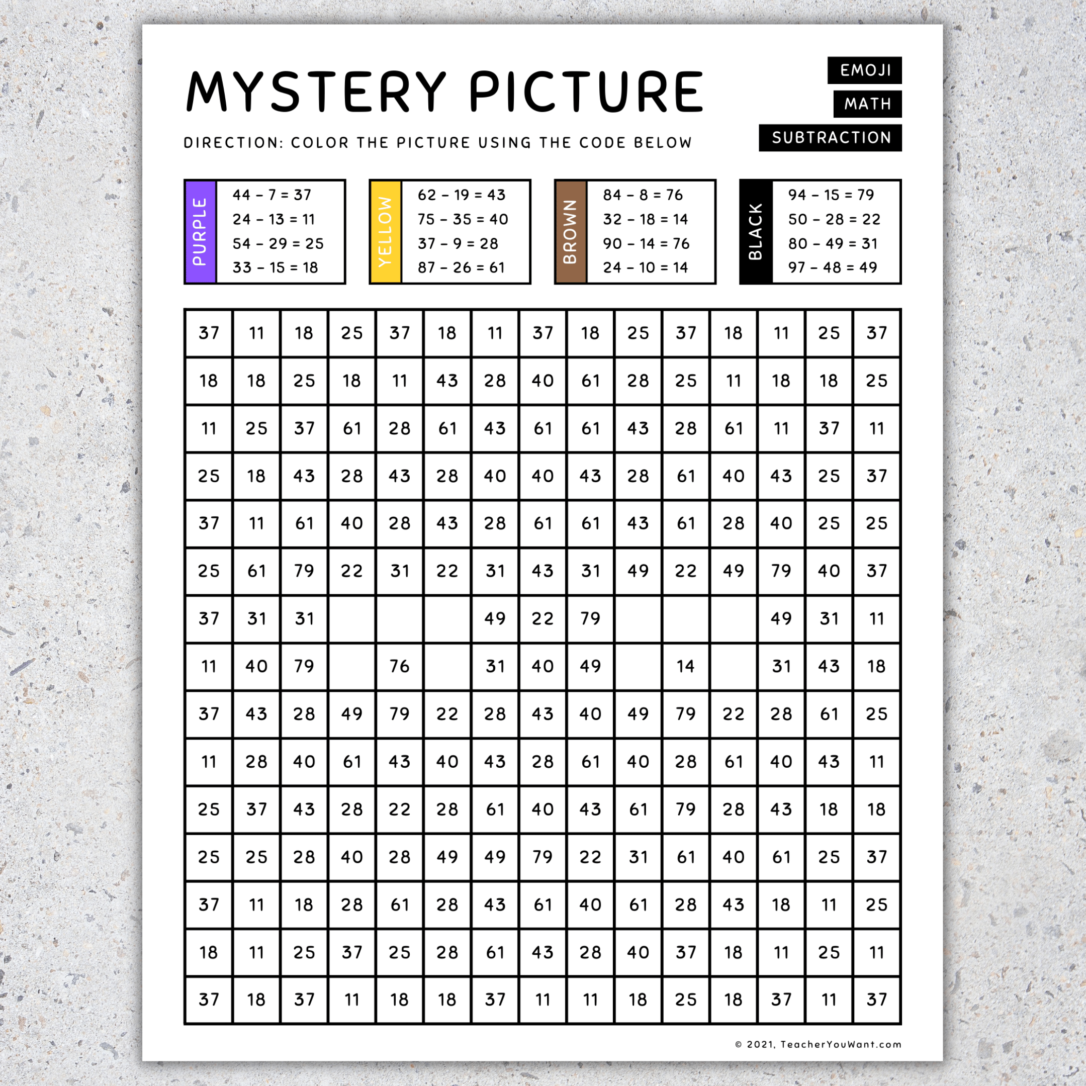 Emoji Mystery Picture Subtraction Color By Number Back To School