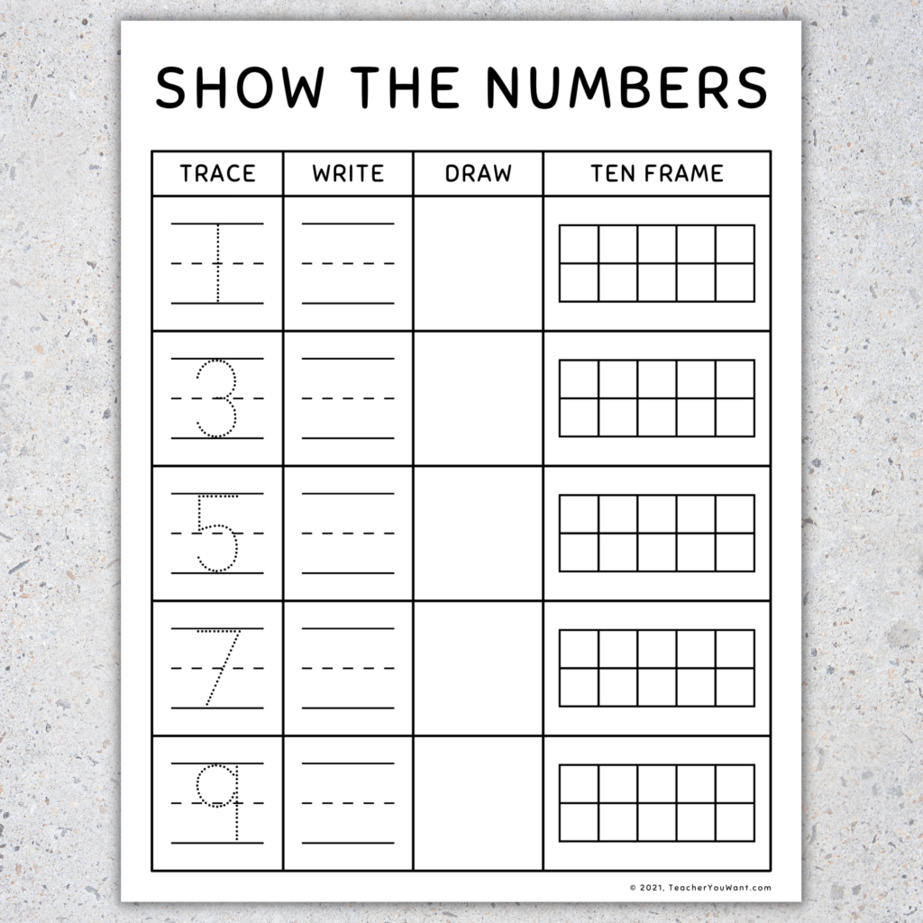 Numbers 1-10: Trace, Write, Draw, & Ten Frames Worksheets, Show the ...