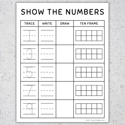 Numbers 1-10: Trace, Write, Draw, & Ten Frames Worksheets, Show the ...