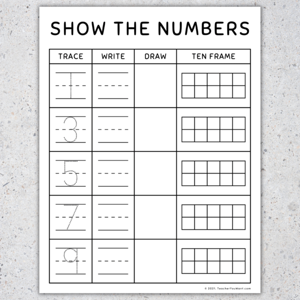 Numbers 1-10: Trace, Write, Draw, & Ten Frames Worksheets, Show the ...