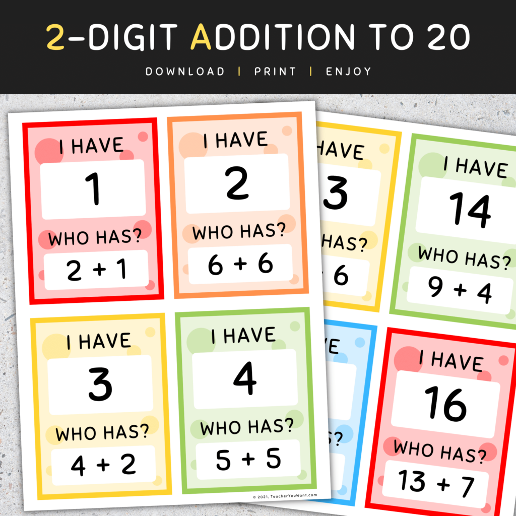 I Have Who Has: Addition & Subtraction to 20, Numbers 1-20, Two Digit ...