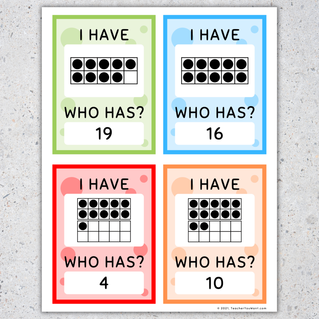 I Have Who Has: Numbers 1-20, Ten Frames Game | Made By Teachers