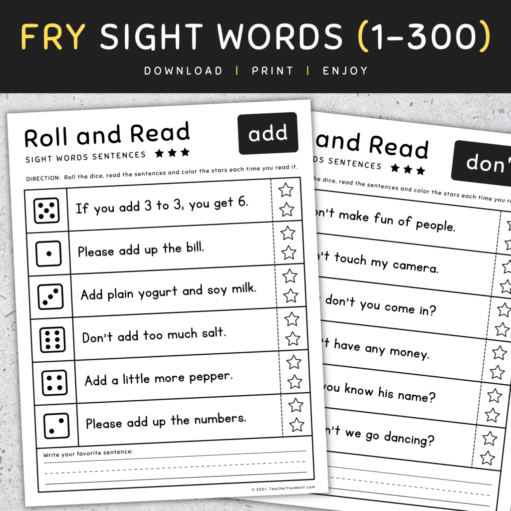 Fry Sight Words Bundle: 1-300, Roll and Read Sight Word Worksheets ...