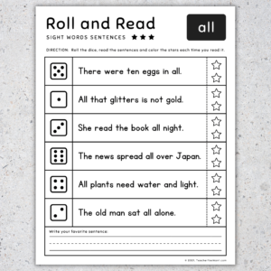 Fry Sight Words Bundle: 1-300, Roll and Read Sight Word Worksheets ...