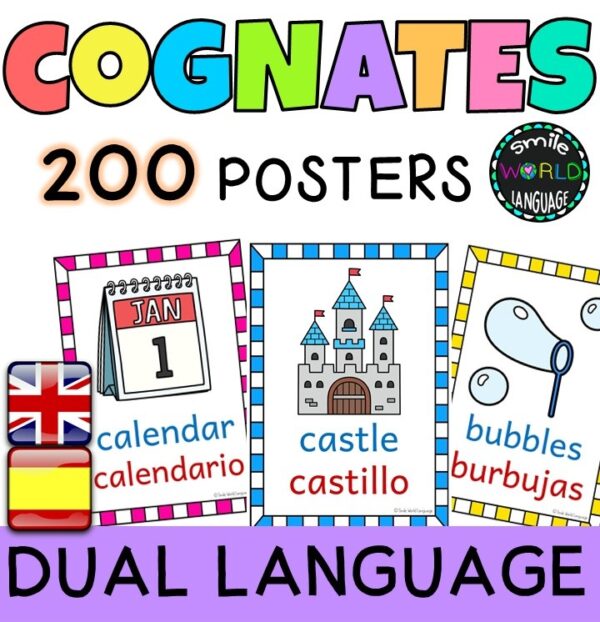 200 Cognates Cognados pack Posters english spanish inglés español DUAL ...