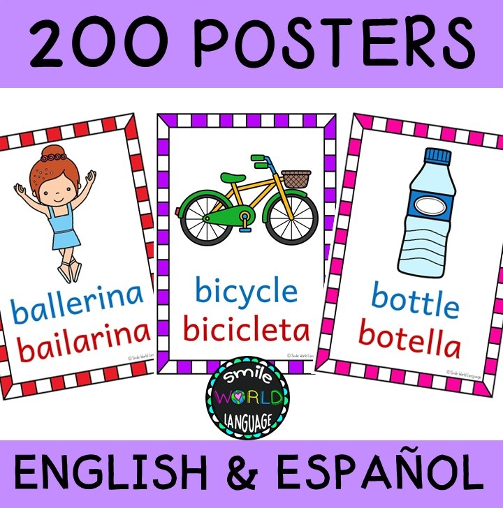 200 Cognates Cognados pack Posters english spanish inglés español DUAL ...