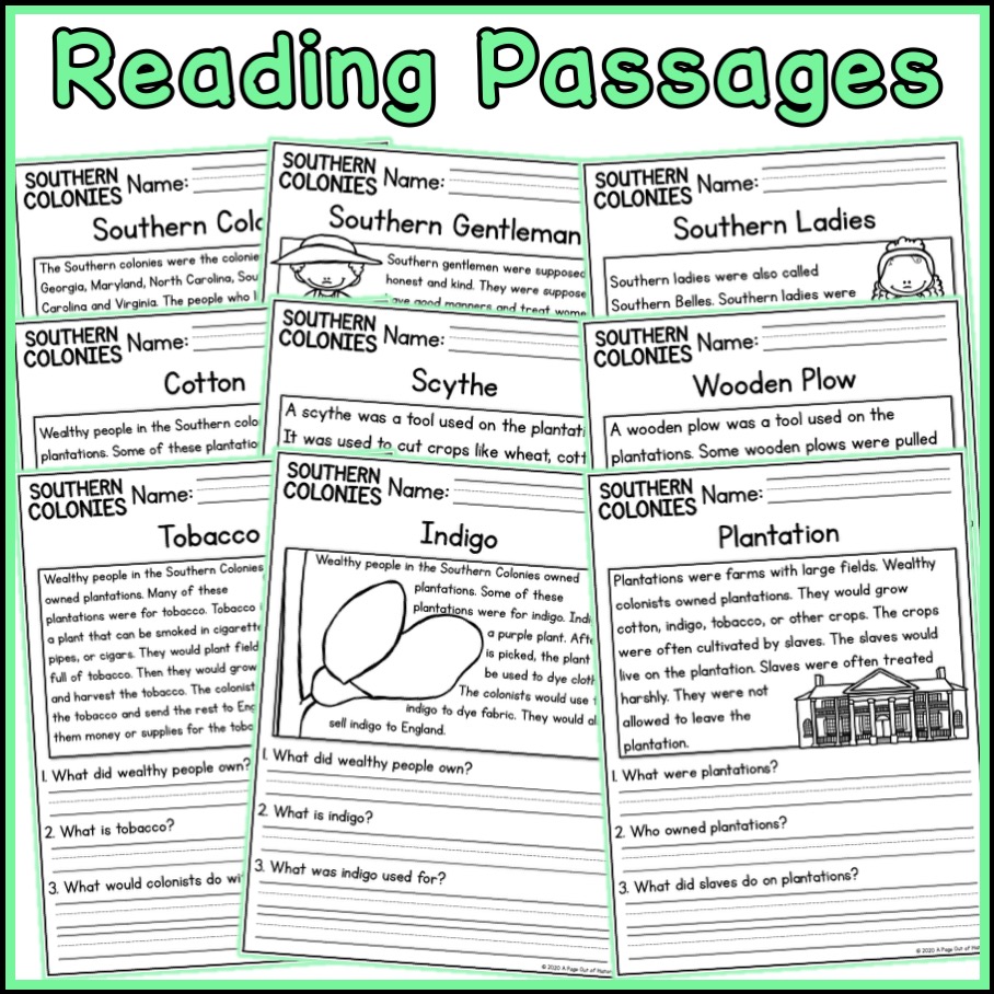 Southern Colonies Social Studies Reading Comprehension Passages K-2 ...
