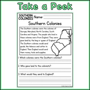 Southern Colonies Social Studies Reading Comprehension Passages K-2 ...