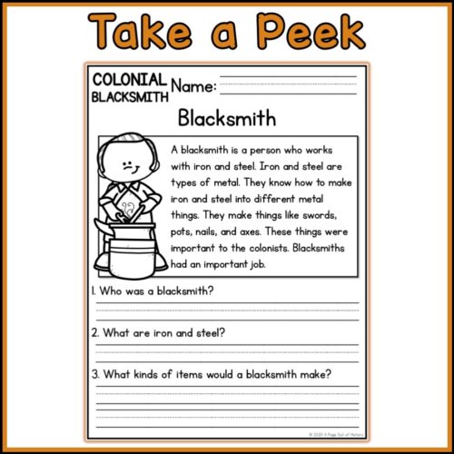 Colonial Blacksmith Social Studies Reading Comprehension Passages K-2 ...