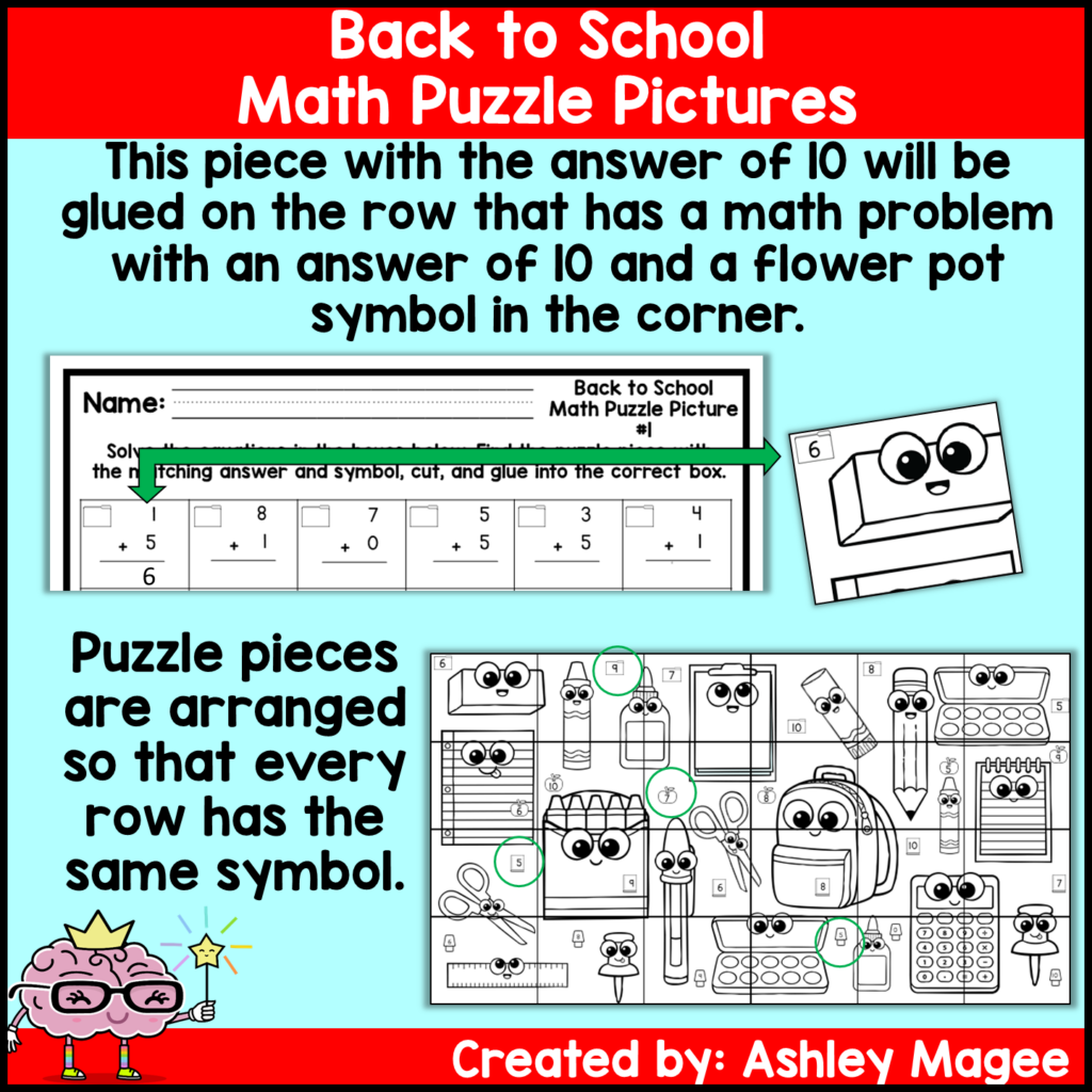 Back to School Math Puzzle Pictures & Writing Activity: Addition ...