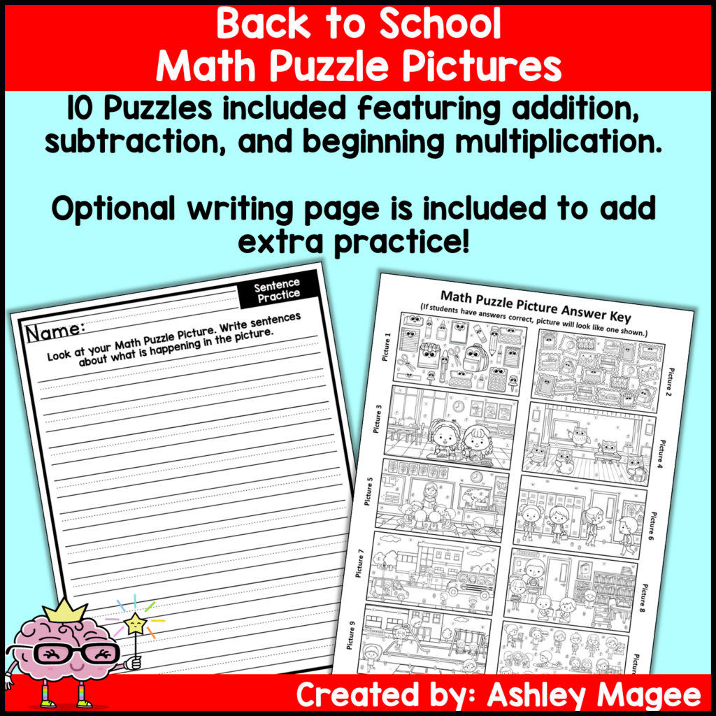 Back to School Math Puzzle Pictures & Writing Activity: Addition ...