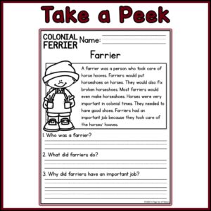 Colonial Farrier Social Studies Reading Comprehension Passages K-2 ...