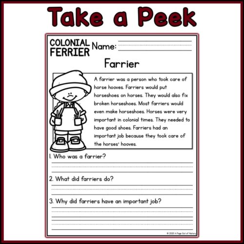 Colonial Farrier Social Studies Reading Comprehension Passages K-2 | Made By Teachers