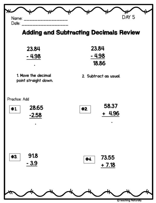 Adding and Subtracting Decimals Practice Sheets Printable and Digital ...