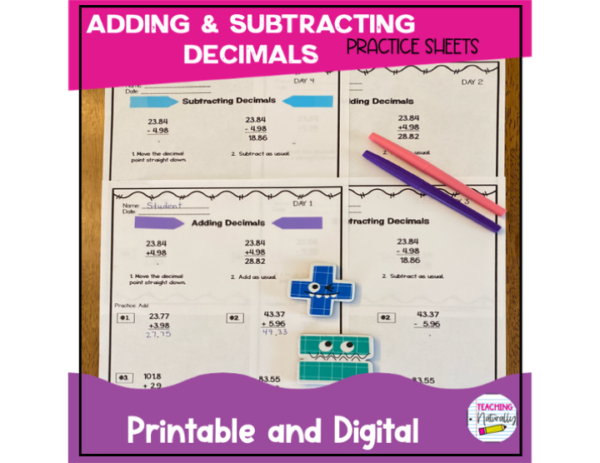 Adding and Subtracting Decimals Practice Sheets Printable and Digital ...