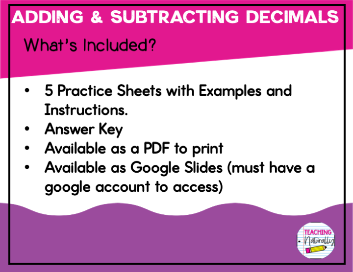 Adding and Subtracting Decimals Practice Sheets Printable and Digital ...