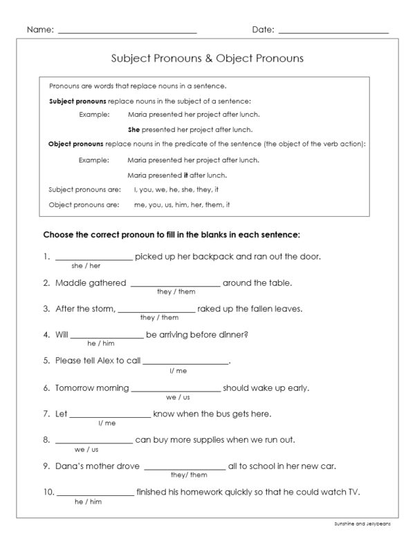 Subject & Object Pronouns - 4 worksheets - Grades 4-5-6 - Great ...