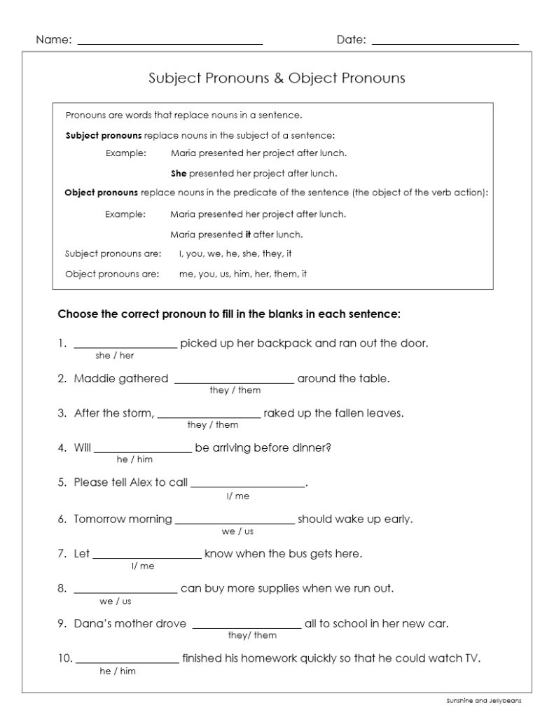 Subject & Object Pronouns - 4 worksheets - Grades 4-5-6 - Great ...
