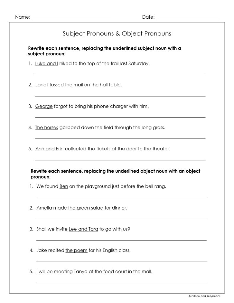 Subject & Object Pronouns - 4 worksheets - Grades 4-5-6 - Great ...