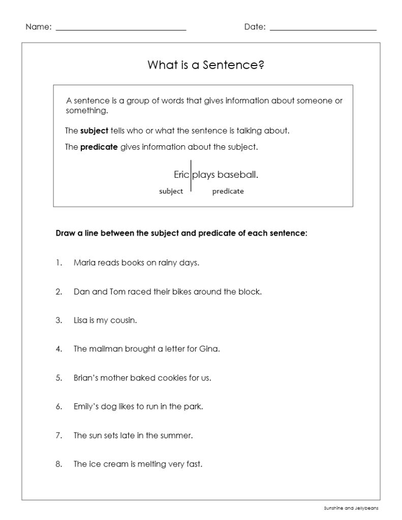 What is a Sentence? - Subjects & Predicates - 4 worksheets - Grades 1-2 ...