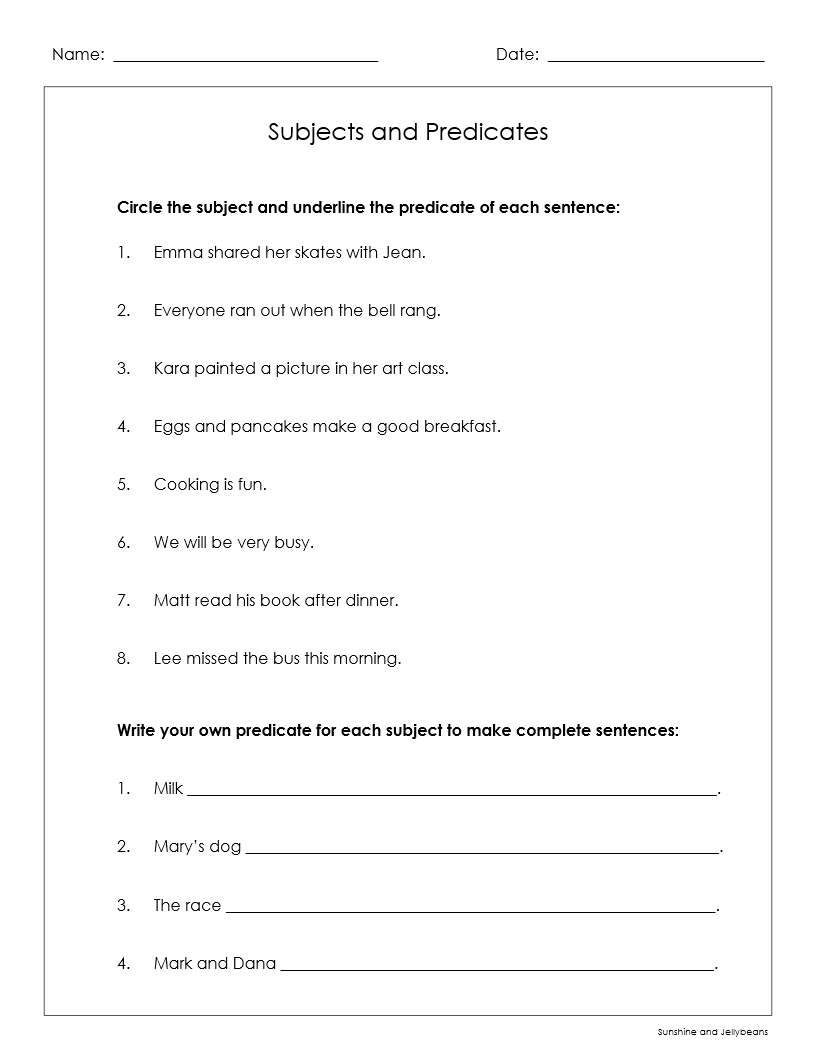What is a Sentence? - Subjects & Predicates - 4 worksheets - Grades 1-2 ...