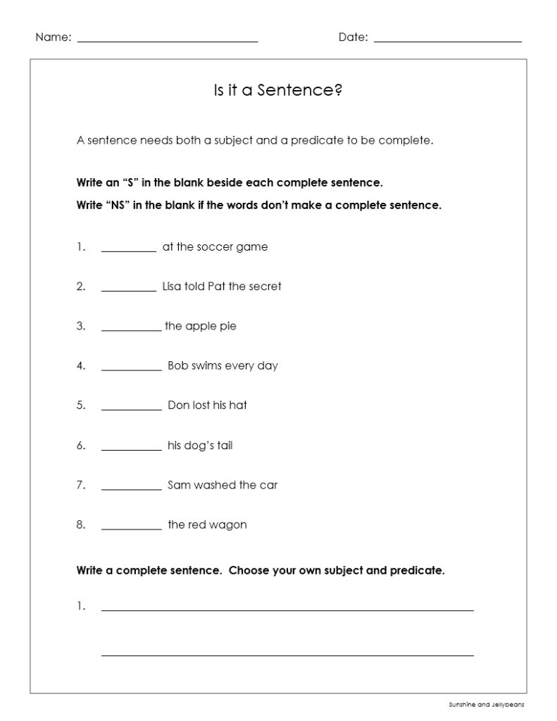 What is a Sentence? - Subjects & Predicates - 4 worksheets - Grades 1-2 ...