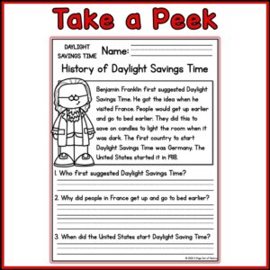 Daylight Savings Time Holidays Reading Comprehension Passages K-2 ...