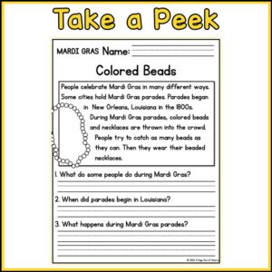 Mardi Gras Holidays Reading Comprehension Passages K-2 - Made By Teachers