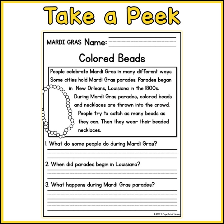 Mardi Gras Holidays Reading Comprehension Passages K-2 - Made By Teachers