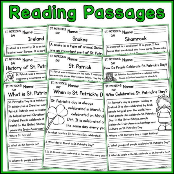 St. Patricks Day Holidays Reading Comprehension Passages K-2 - Made By ...