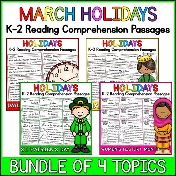 March Holidays K-2 Reading Comprehension Passages Bundle | Made By Teachers