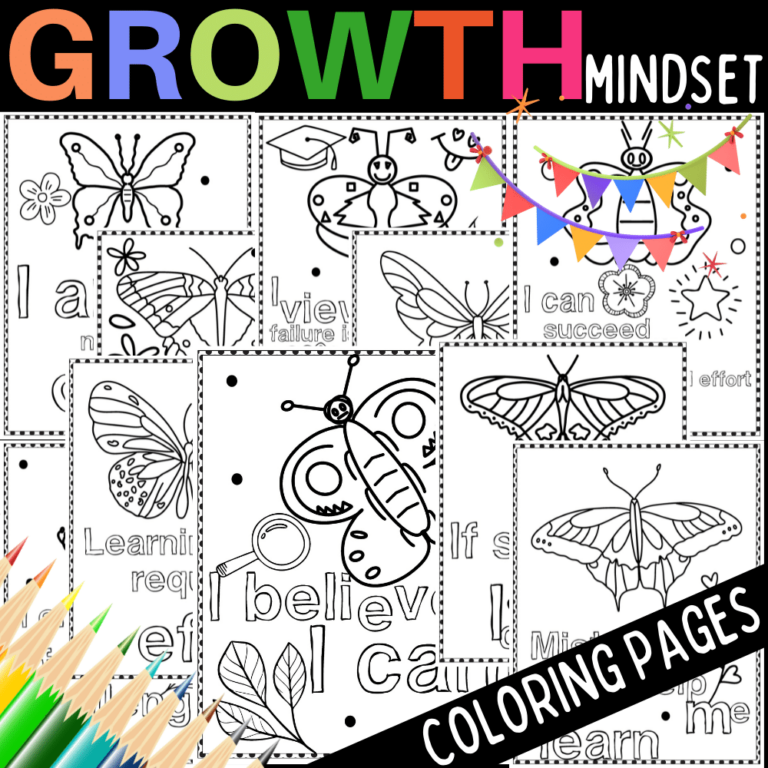 Growth Mindset Coloring Pages. With Cute Butterflies , Back to School ...