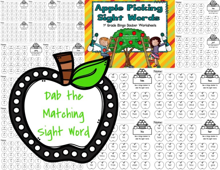 1st Grade Sight Word Bingo Dauber Sheets with Apples - Made By Teachers