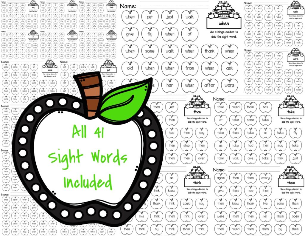 1st Grade Sight Word Bingo Dauber Sheets With Apples Made By Teachers