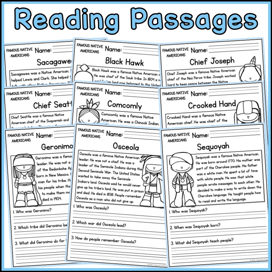Famous Native Americans Social Studies Reading Comprehension Passages K ...