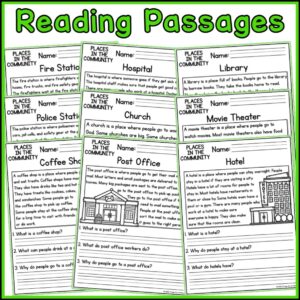 Places in the Community Social Studies Reading Comprehension Passages K ...