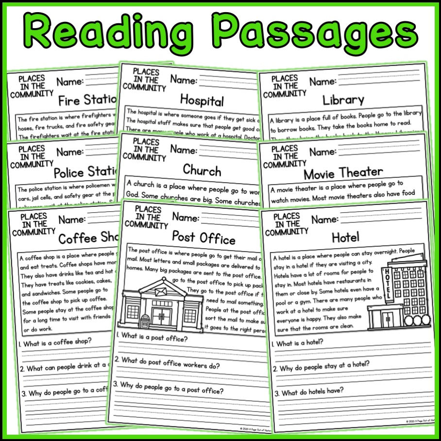 Places in the Community Social Studies Reading Comprehension Passages K ...