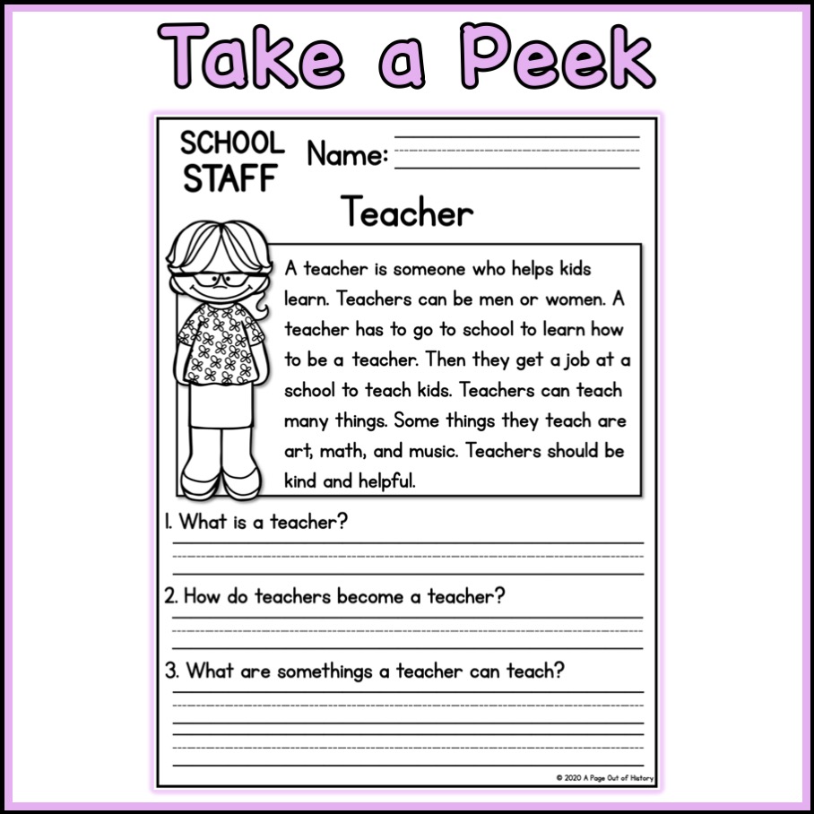 School Staff Social Studies Reading Comprehension Passages K-2 | Made ...