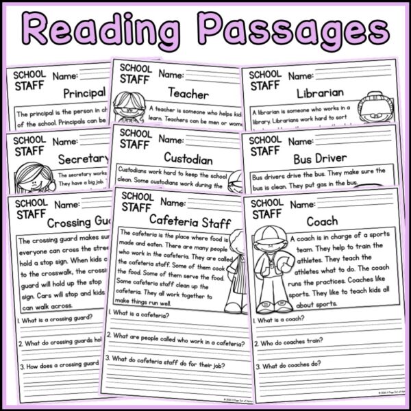 School Staff Social Studies Reading Comprehension Passages K-2 - Made ...
