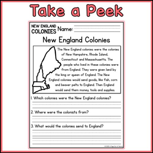 New England Colonies Social Studies Reading Comprehension Passages K-2 ...