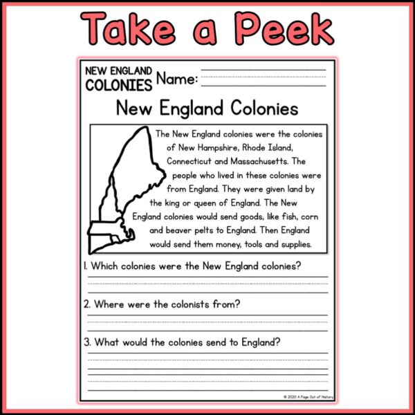New England Colonies Social Studies Reading Comprehension Passages K-2 ...