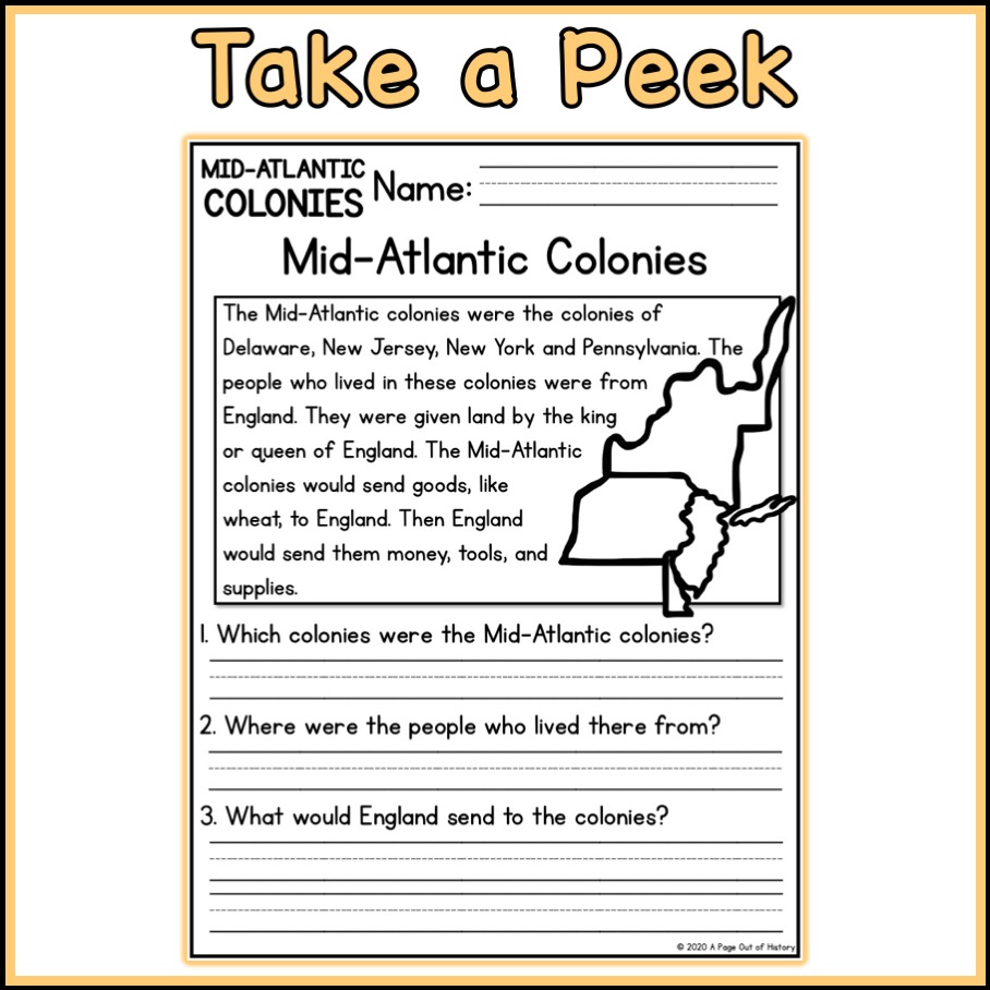 Mid Atlantic Colonies Social Studies Reading Comprehension Passages K-2 ...